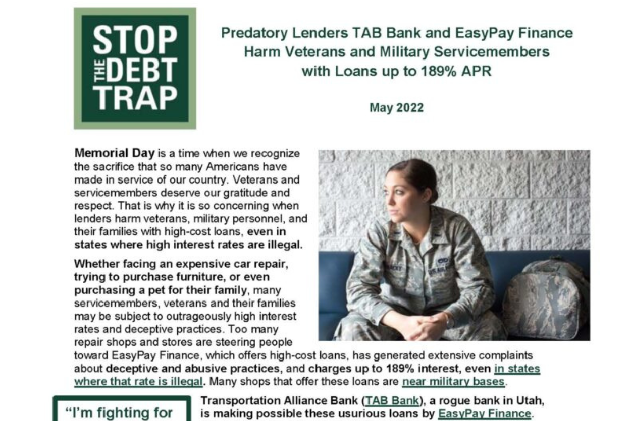 Report: Predatory Lenders TAB Bank & Easypay Finance Harm Veterans ...